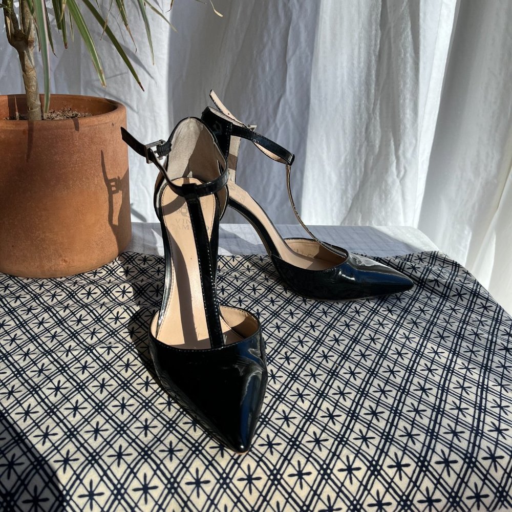 Vince Camuto Patent Leather T-Strap Stilettos In Black - Gem